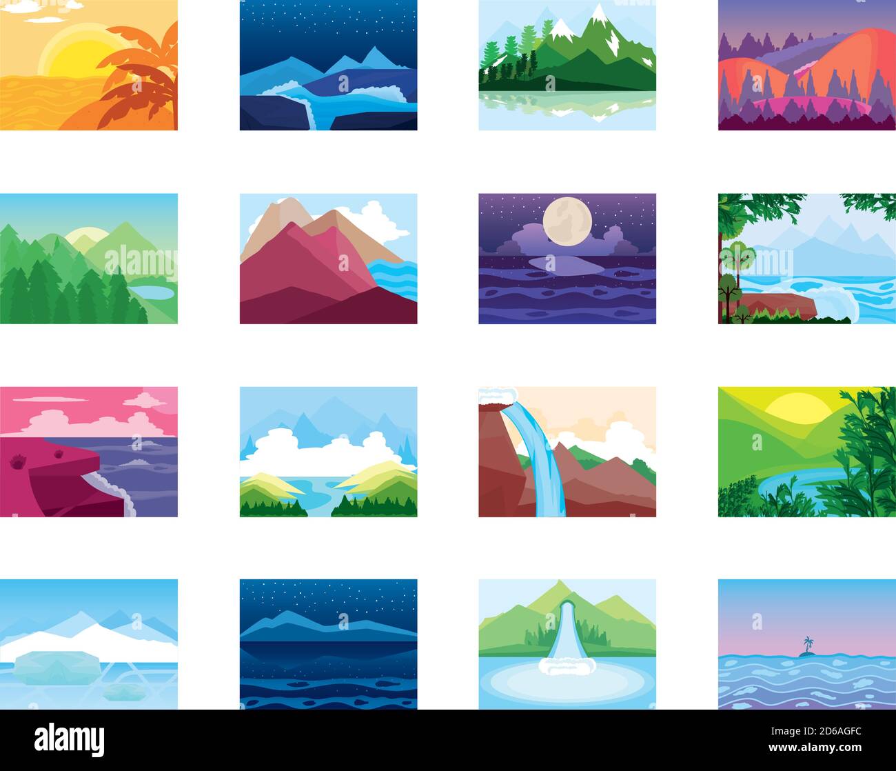 landscape nature icons of mountains, ocean, river, tropical and forest ...