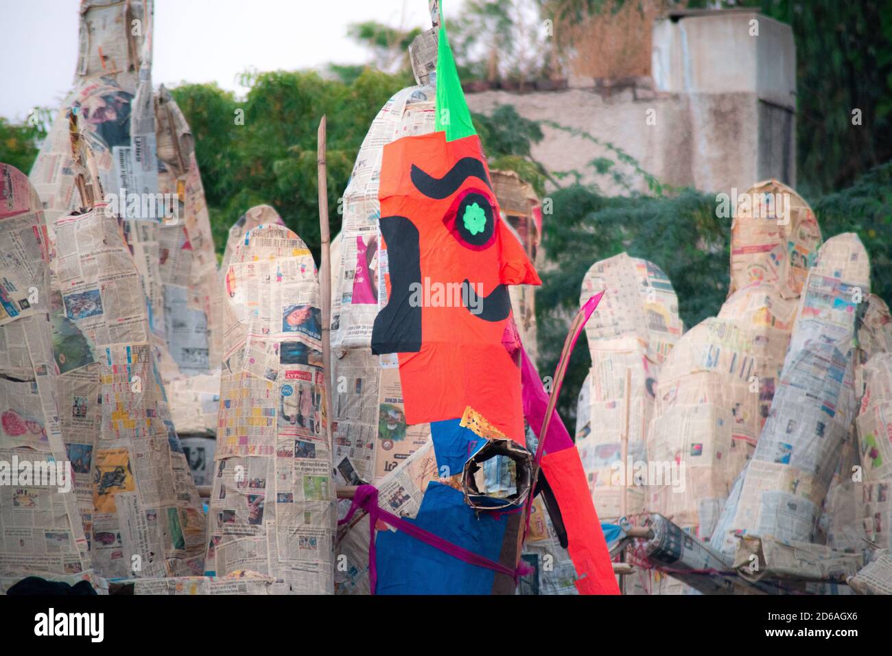 shot on multiple paper effigy statues of ravan the demon king who is ...