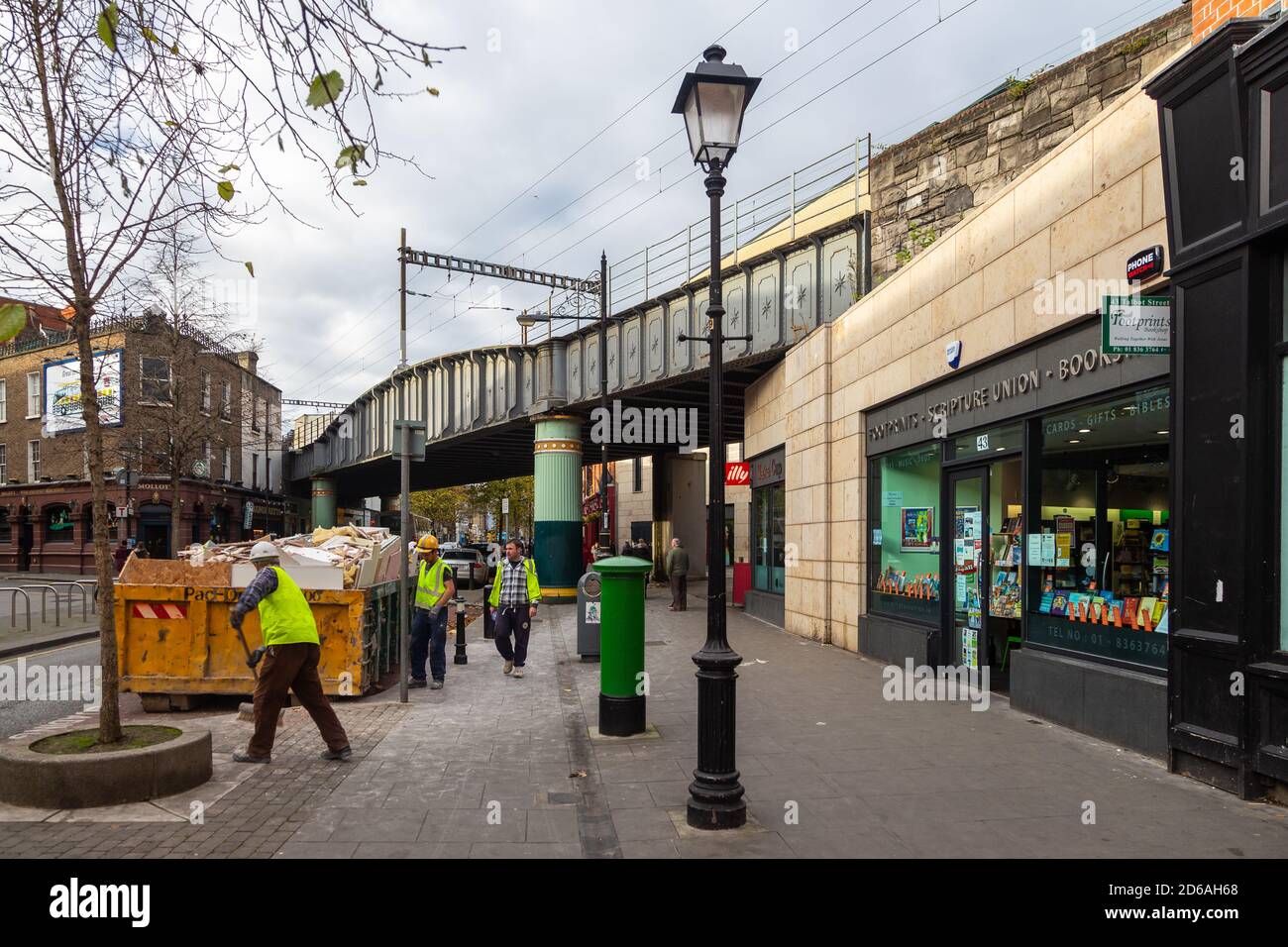 Dublin, Ireland - 10 November 2015: Yellow debris container on the ...