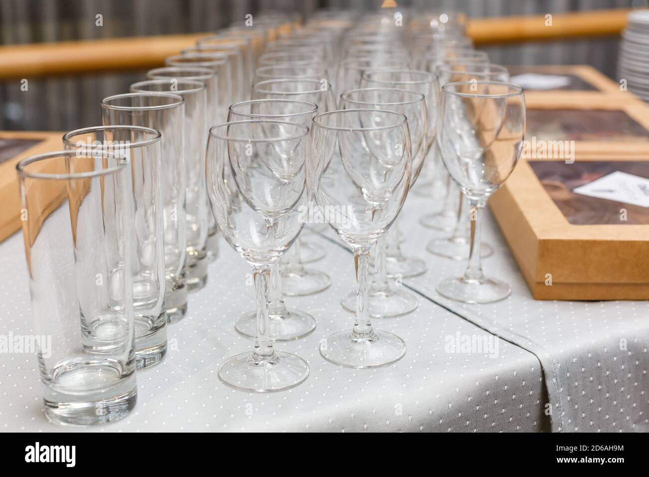 Set of empty wine glasses in a row, white background. Party in a ...