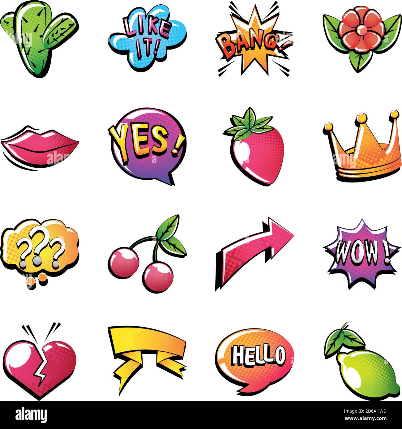 set of pop art style icons on white background vector illustration ...