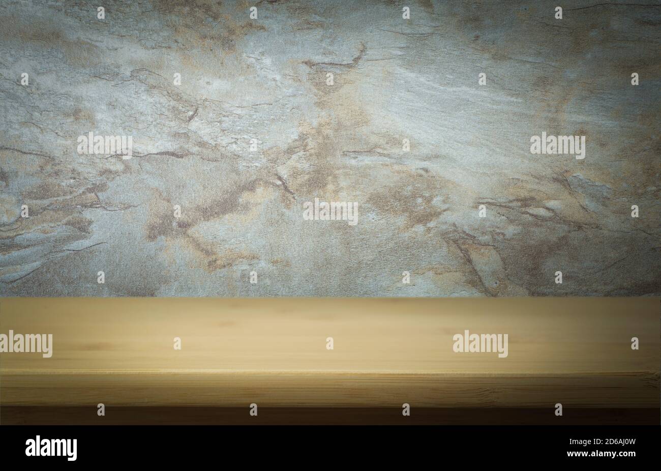 Granite and marble background with empty wooden table. Texture and ...