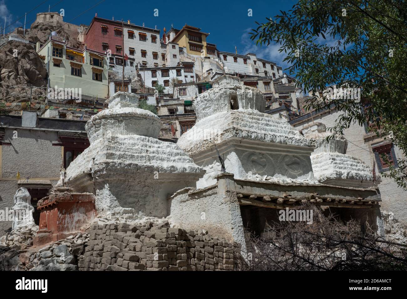 White buildings of the Buddhist monastery Spituk (Petub) Gonpa on the ...