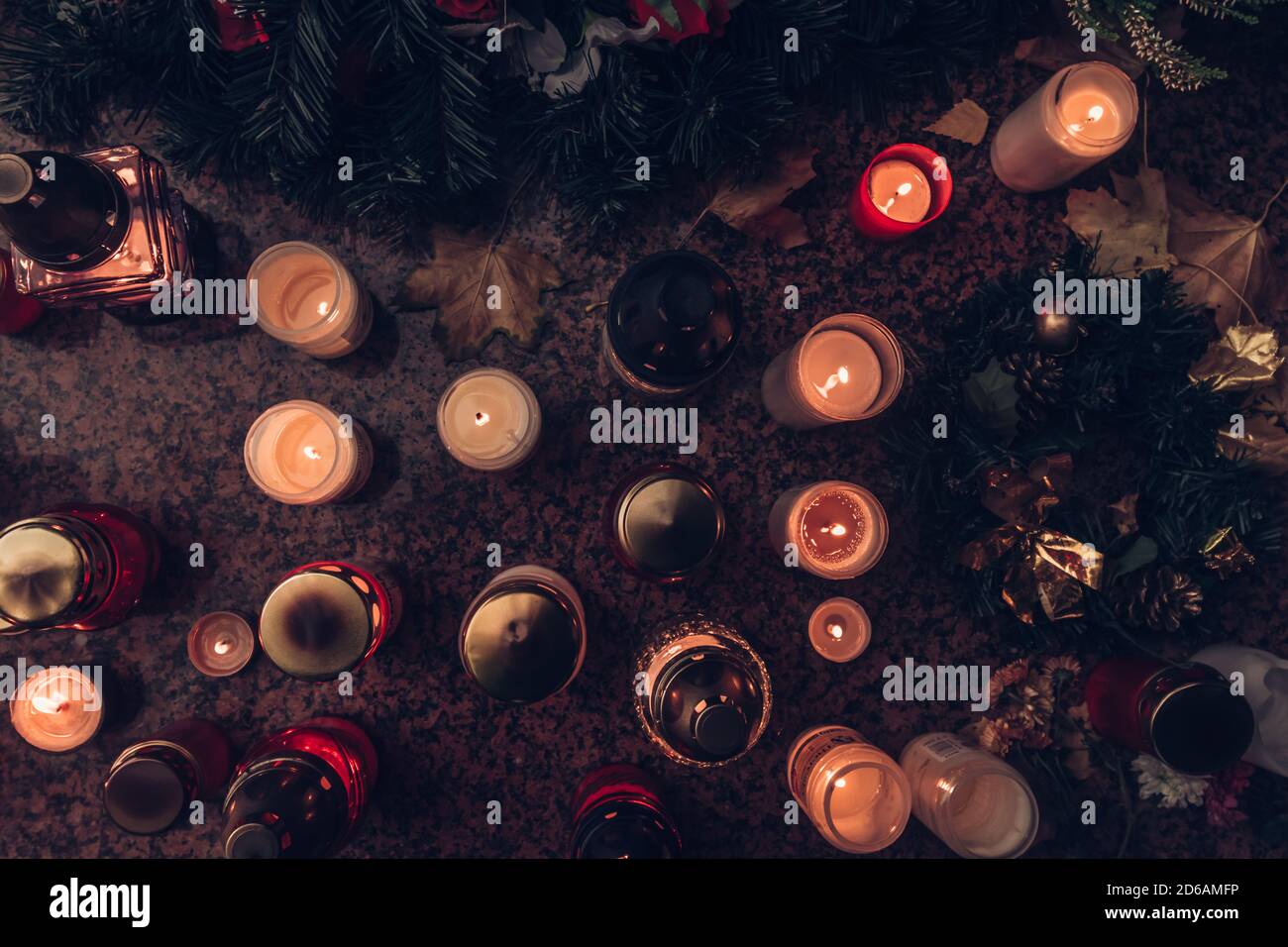 burning candles, top view from birds perspective Stock Photo - Alamy