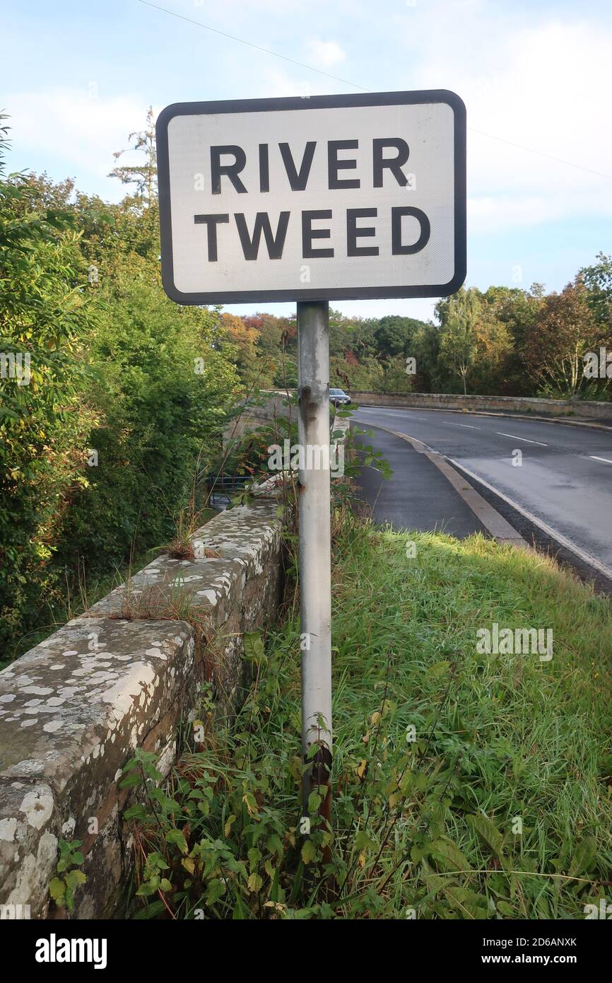 River Tweed sign. The Anglo-Scottish border. Coldstream bridge ...