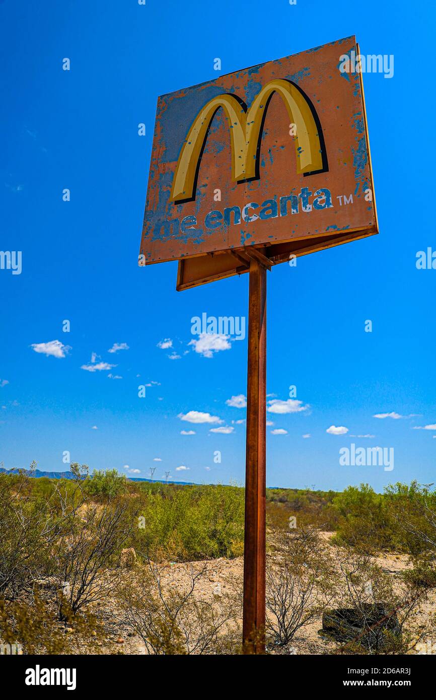 Old and dilapidated sign or spectacle with the McDonald's logo and the ...