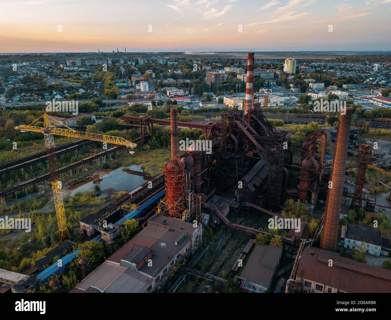Blast furnace equipment of the metallurgical plant, drone aerial view ...