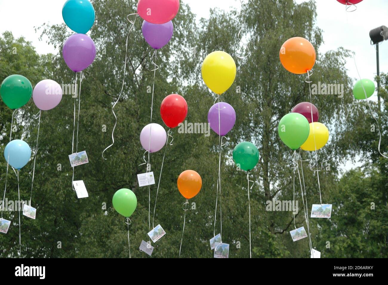 Large group of many colored balloons rising in the sky at a party with ...