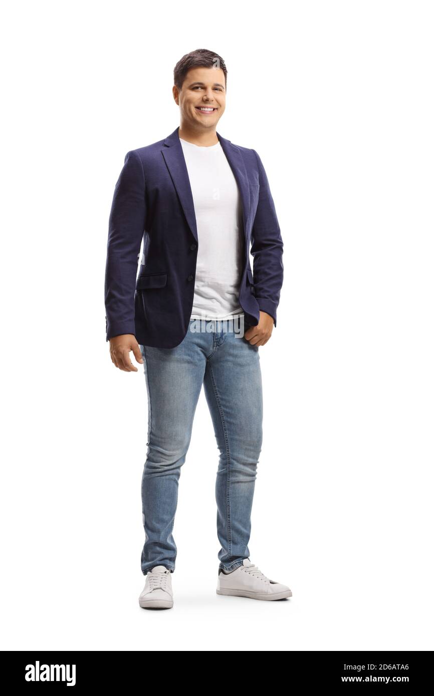 Full length profile shot of a cheerful young man in jeans and suit ...