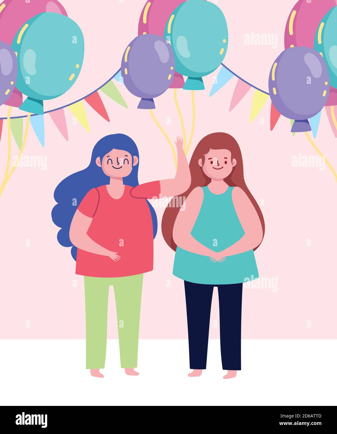 party celebration cartoon girls with balloons and pennants vector ...