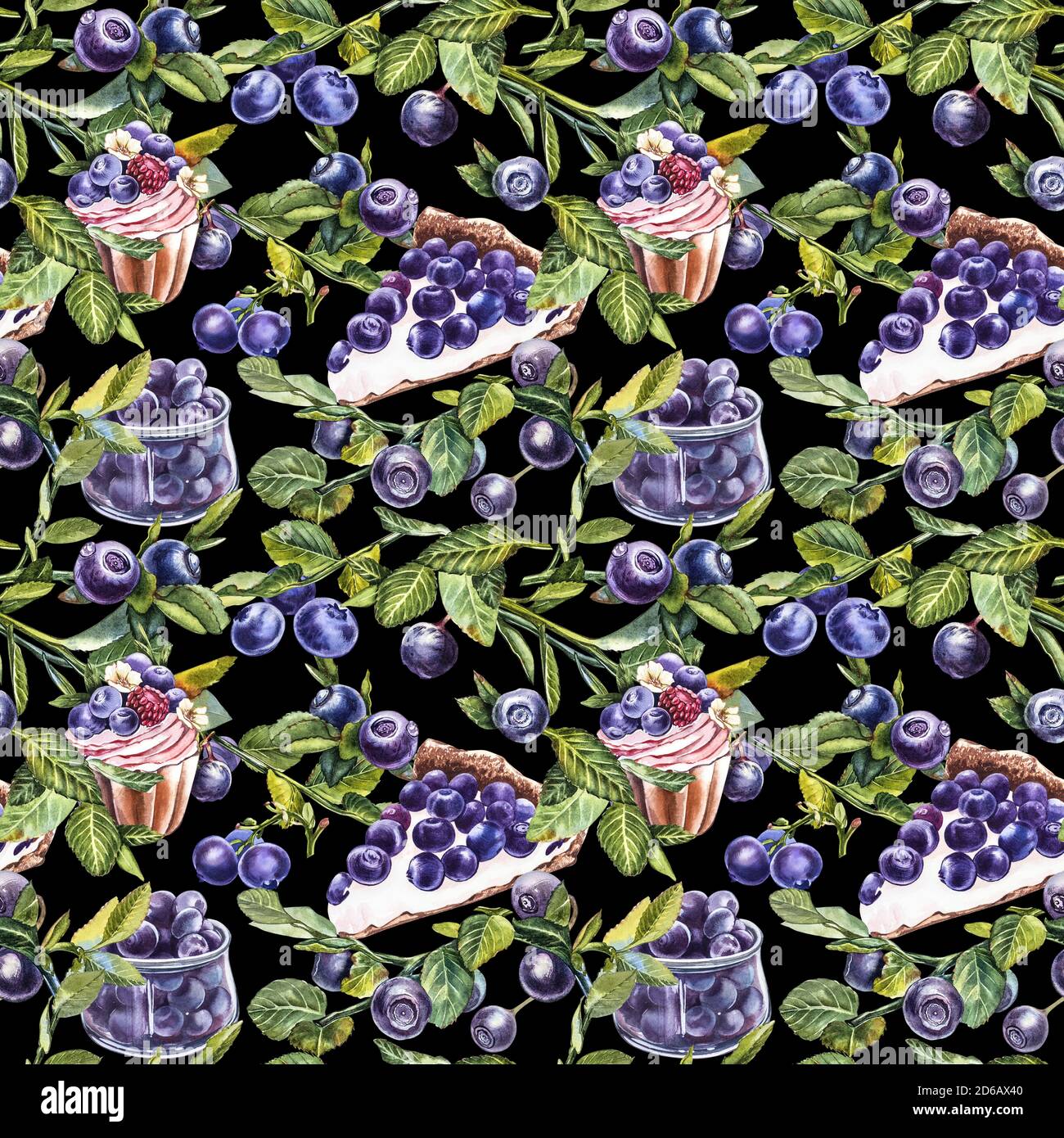 Blueberry. Seamless patterns. Watercolor botanical illustration. Hand ...
