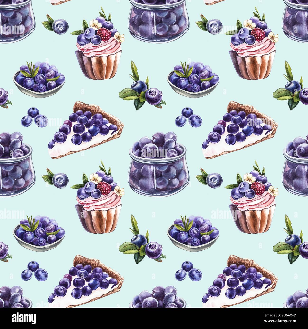 Blueberry. Seamless patterns. Watercolor botanical illustration. Hand ...