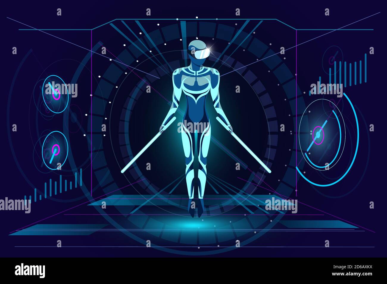 Virtual reality gaming in headset concept. Man with neon swords wearing ...