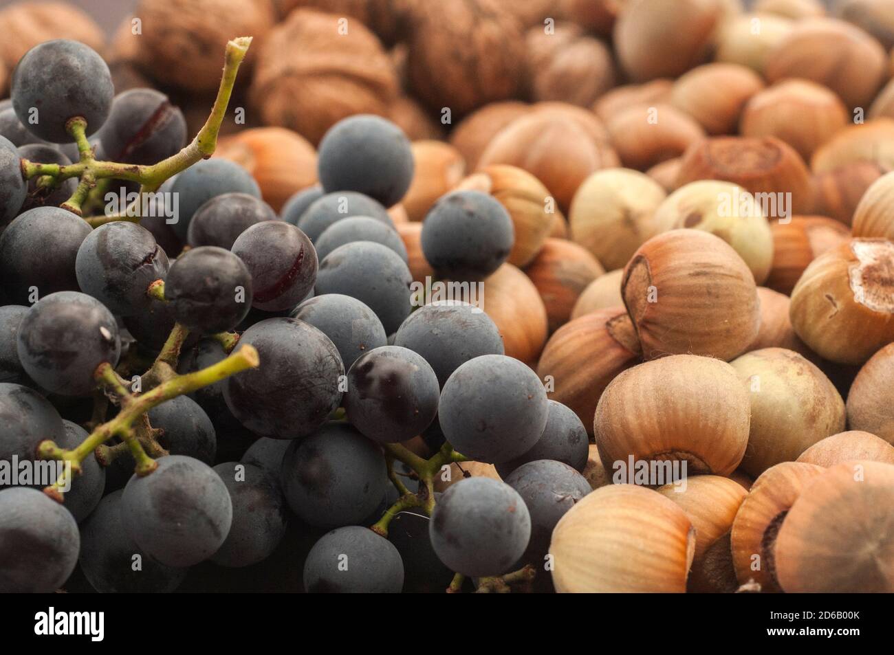 Ripe raw hazelnuts, walnuts and red grape closeup as food background ...