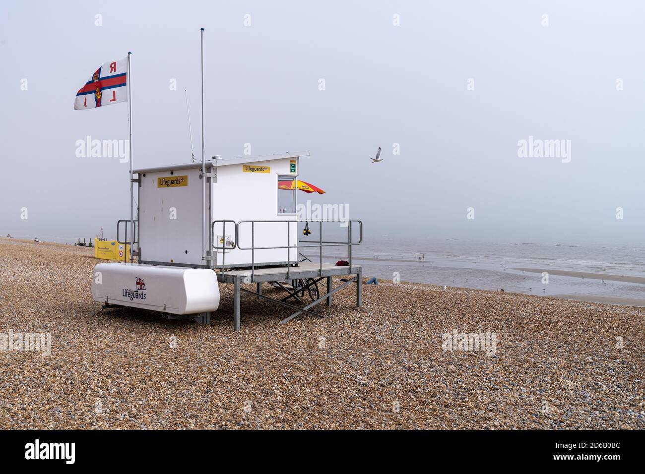 White lifeguard tower house on the beach of Hastings, England, with ...