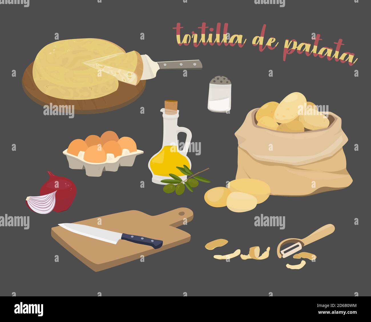 Spanish potato omelette ingredients. Olive oil, onions, potatoes, eggs ...