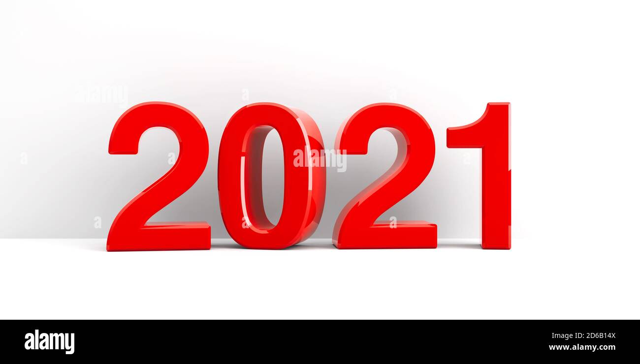 Red 2021 symbol, icon or button on white wall, represents the new year ...