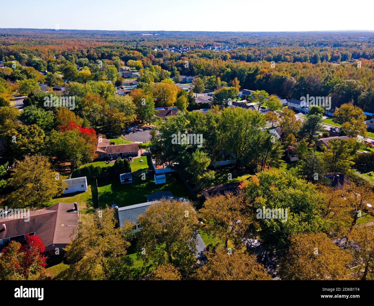 Aerial view of Autumn foliage colors in a section of the town of Old ...