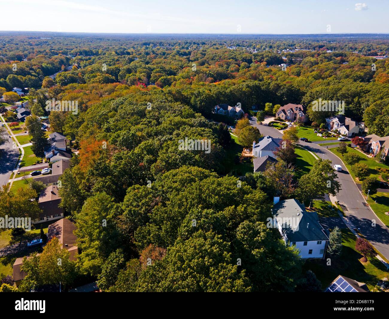 Aerial view of Autumn foliage colors in a section of the town of Old ...