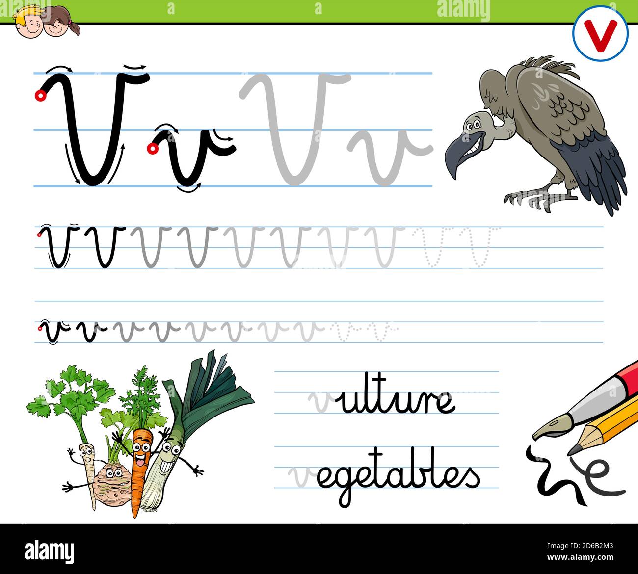 Cartoon Illustration of Writing Skills Practice Worksheet with Letter V ...