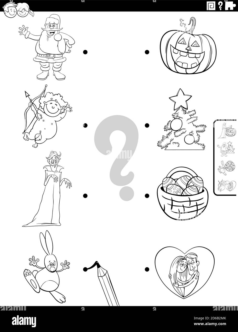 Black and White Cartoon Illustration of Educational Matching Game for ...