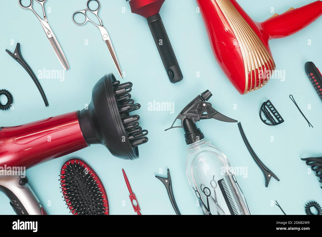 professional items for hairdressing, haircuts on a blue background ...