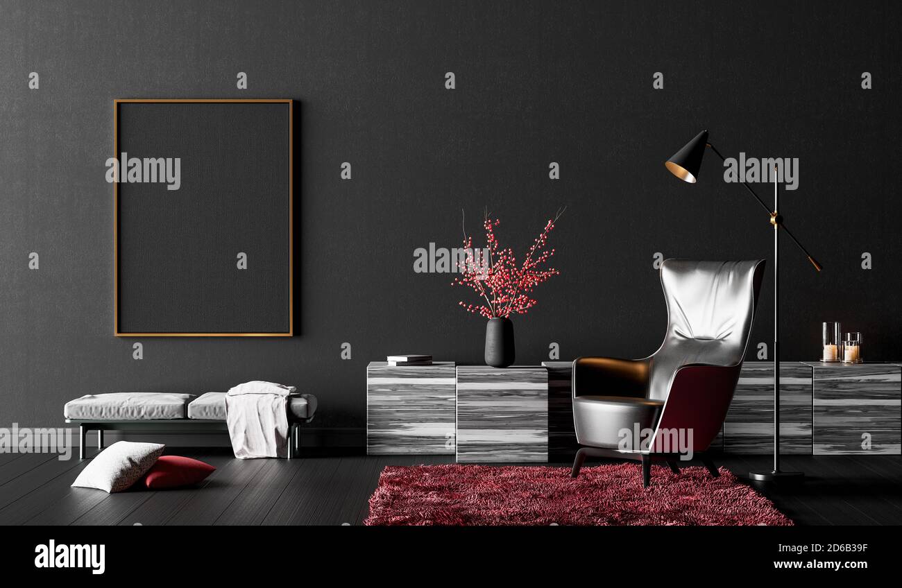 Modern interior design of black living room, 3d Render 3d illustration ...