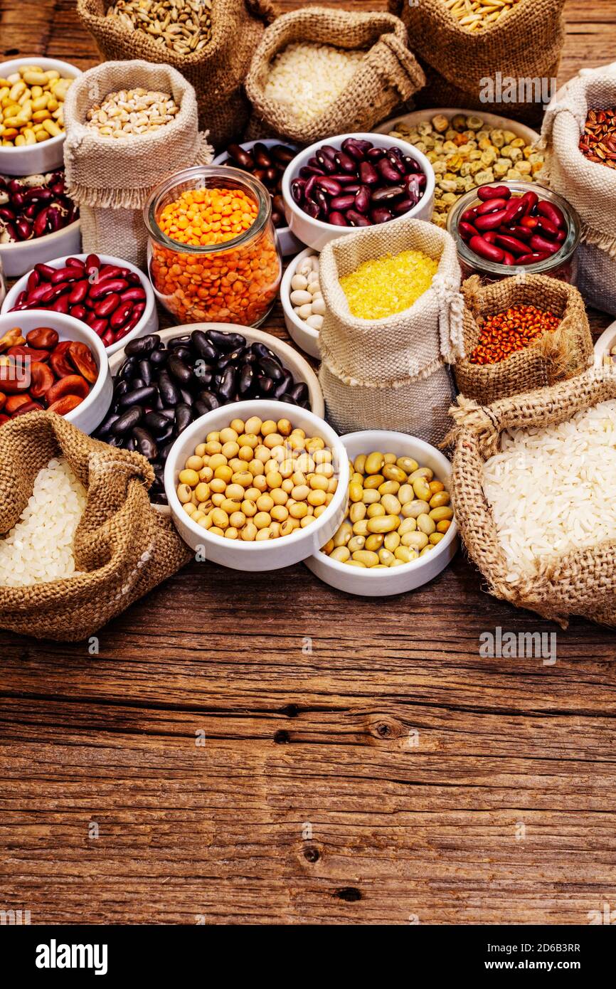 Assorted different types of beans and cereals grains. Set of ...