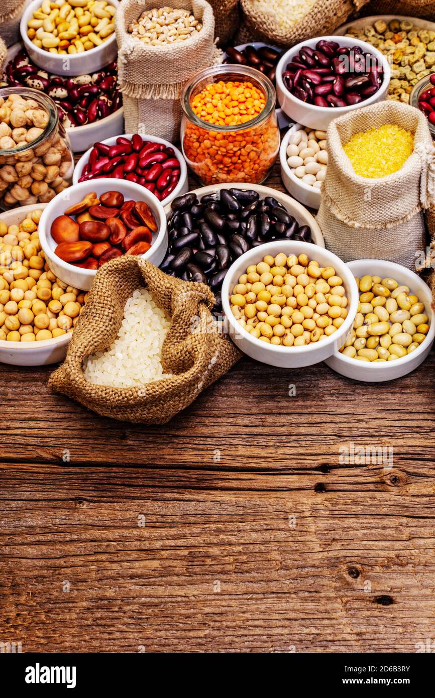 Assorted different types of beans and cereals grains. Set of ...