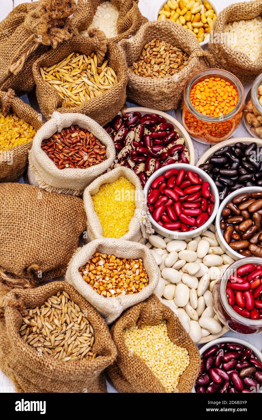 Assorted different types of beans and cereals grains. Set of ...