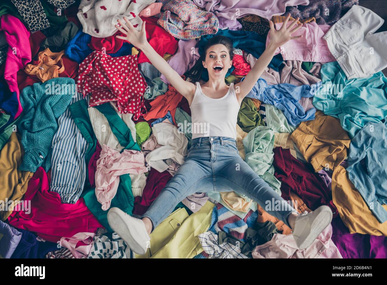 High angle above view photo of crazy funny lady spring cleaning ...
