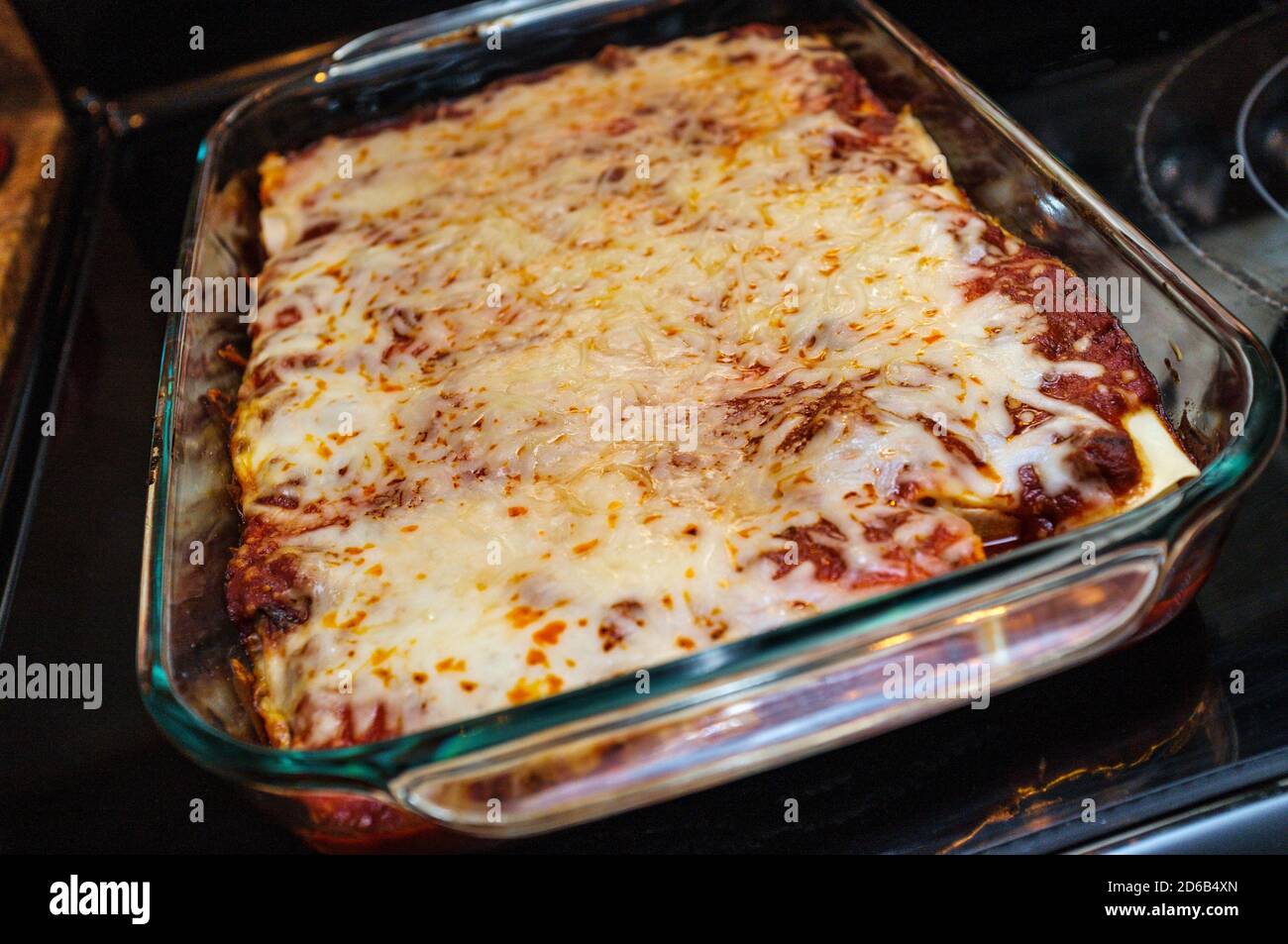 Close up delicious stuffed manicotti lasagna with mozzarella on top ...