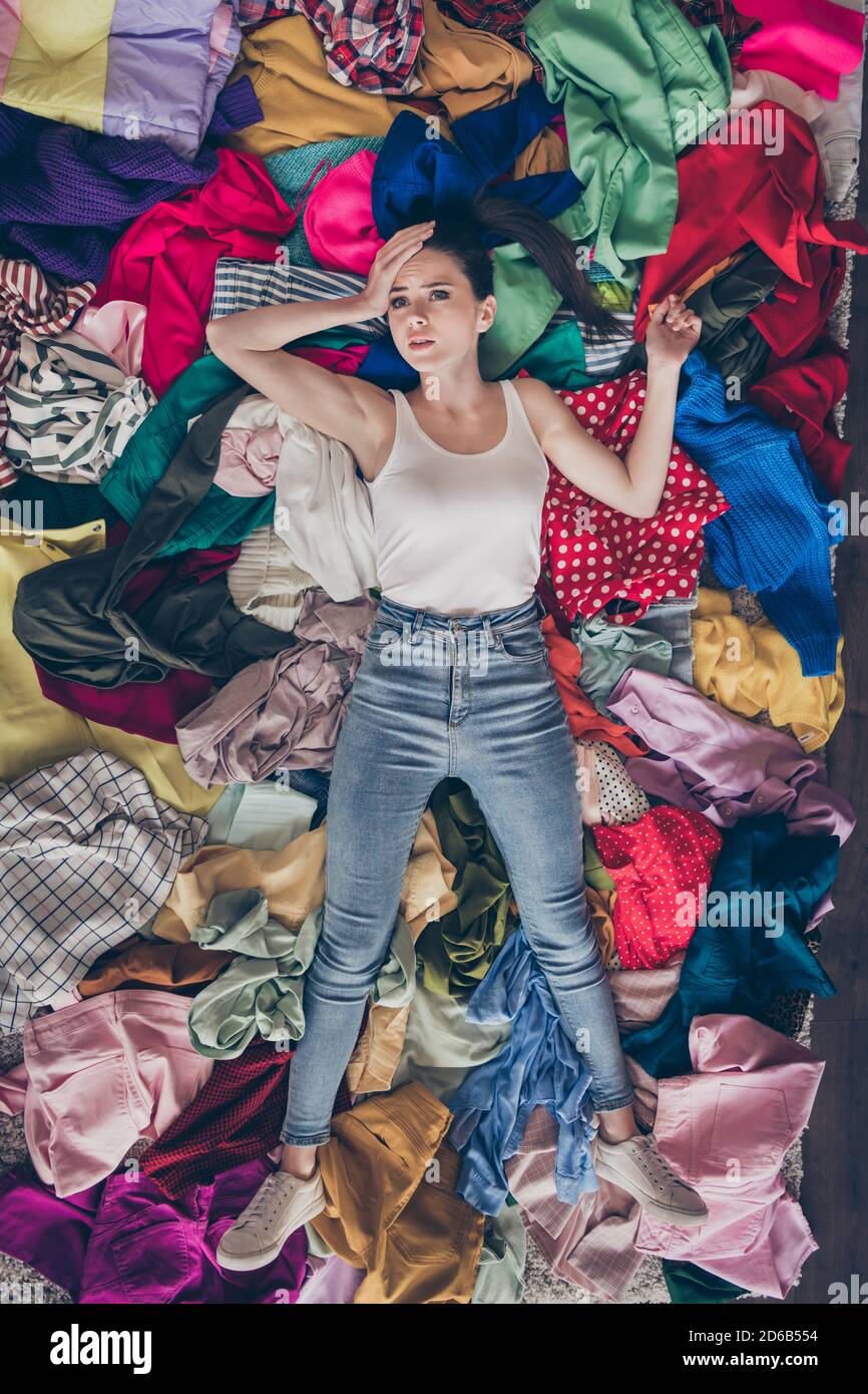 High angle above view photo of stressed tired lady stay home quarantine ...