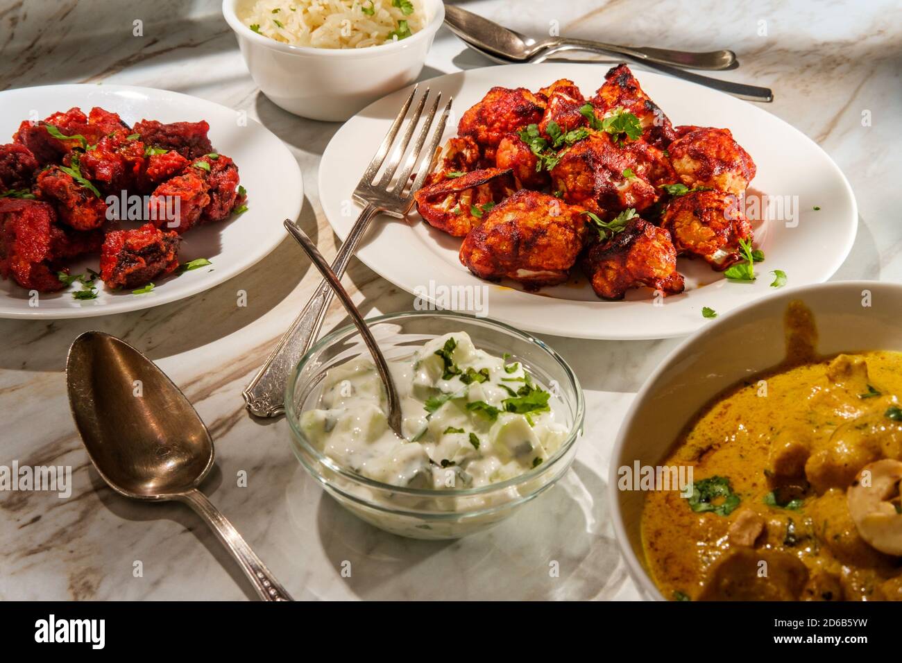 Indian dinner korma with mushroom 65 tandoori cauliflower rice and ...
