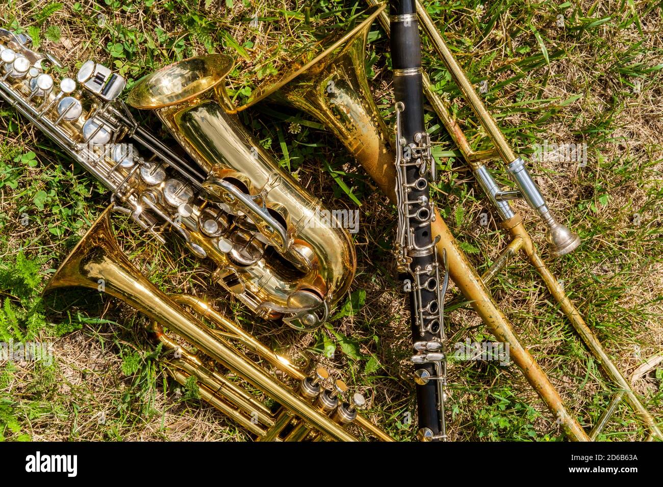 Musical instruments including trombone trumpet clarinet and saxophone ...