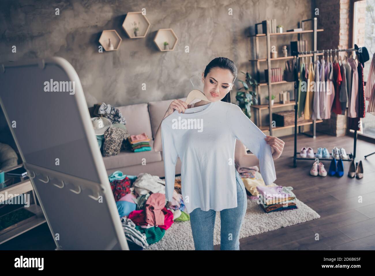 Portrait of her she nice attractive capricious girl looking at mirror ...