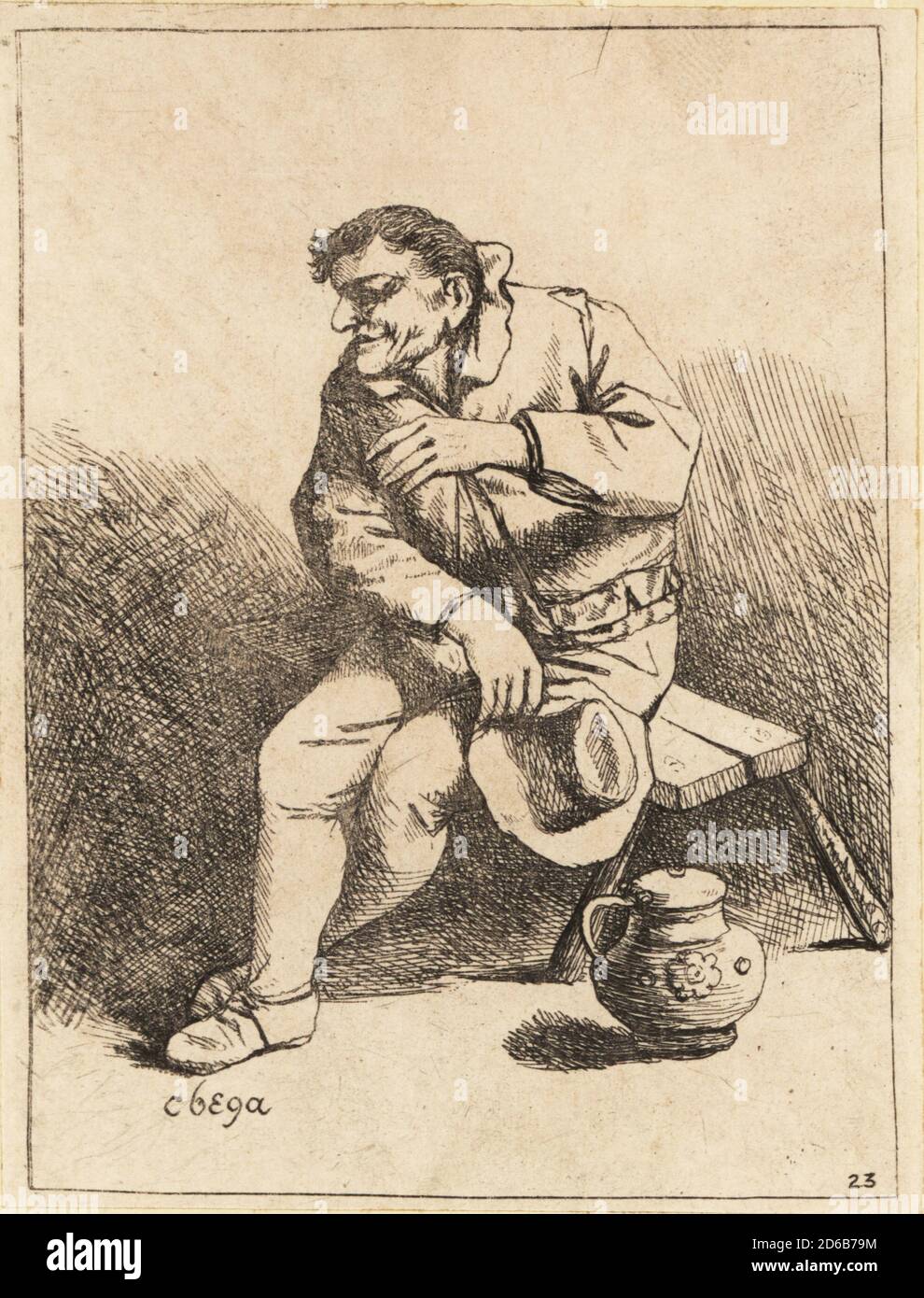 Dutch man sitting on a bench, holding his hat, with a jug in the ...