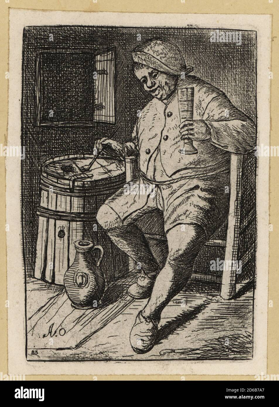 17th century Dutch peasant man drinking in a tavern, holding a glass ...