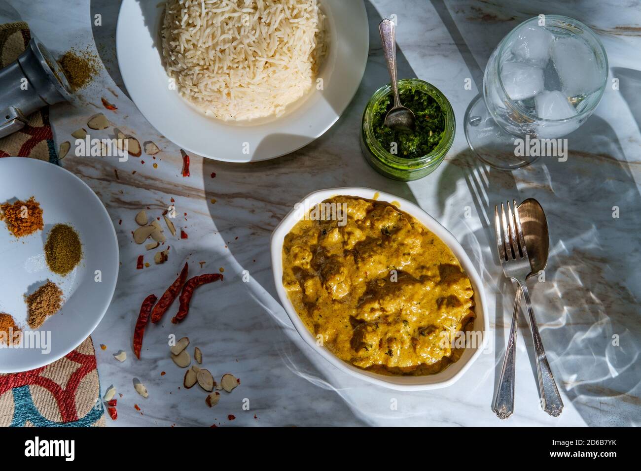 Authentic Indian almond chicken korma curry dinner with basmati rice ...