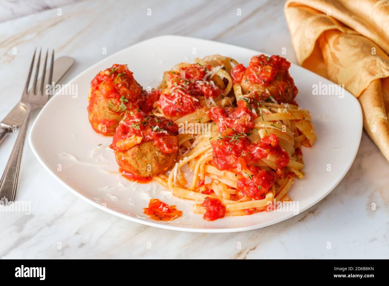 Italian linguine spaghetti and meatballs with red tomato sauce Stock ...