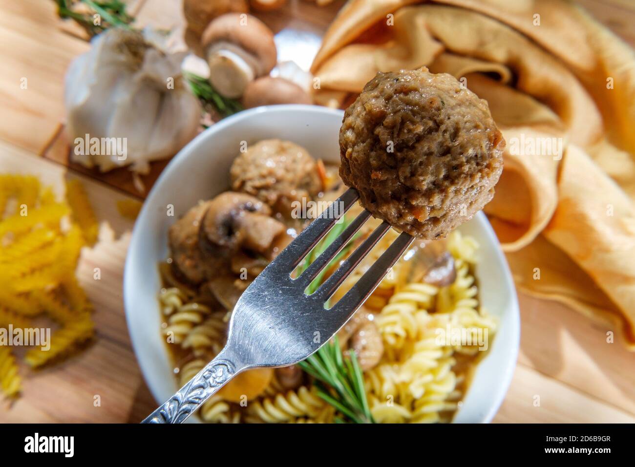 Sunny day rotini stroganoff with meatballs and mushrooms Stock Photo ...