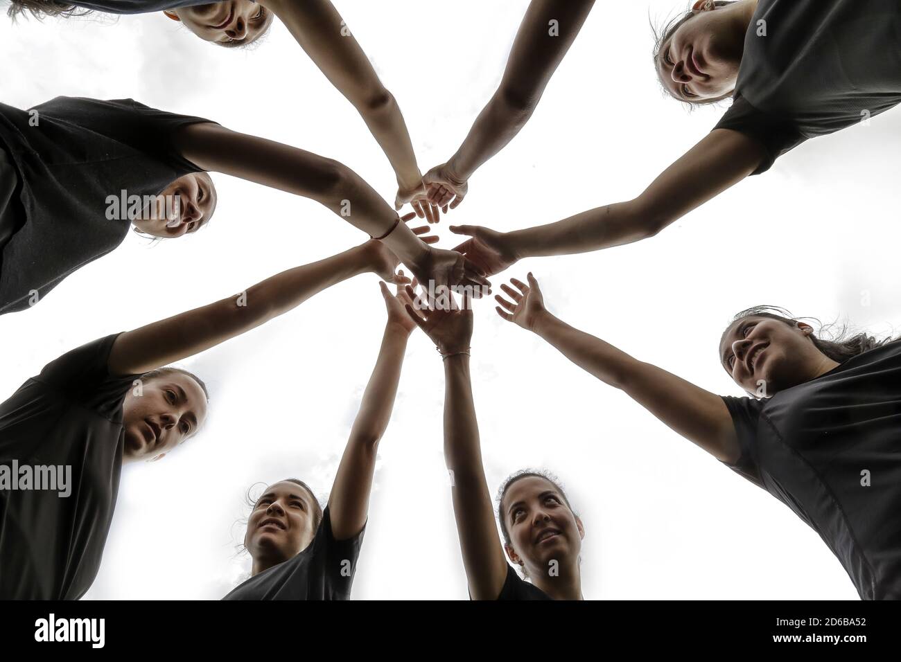 Confident all-female soccer team huddle before a soccer game Stock ...