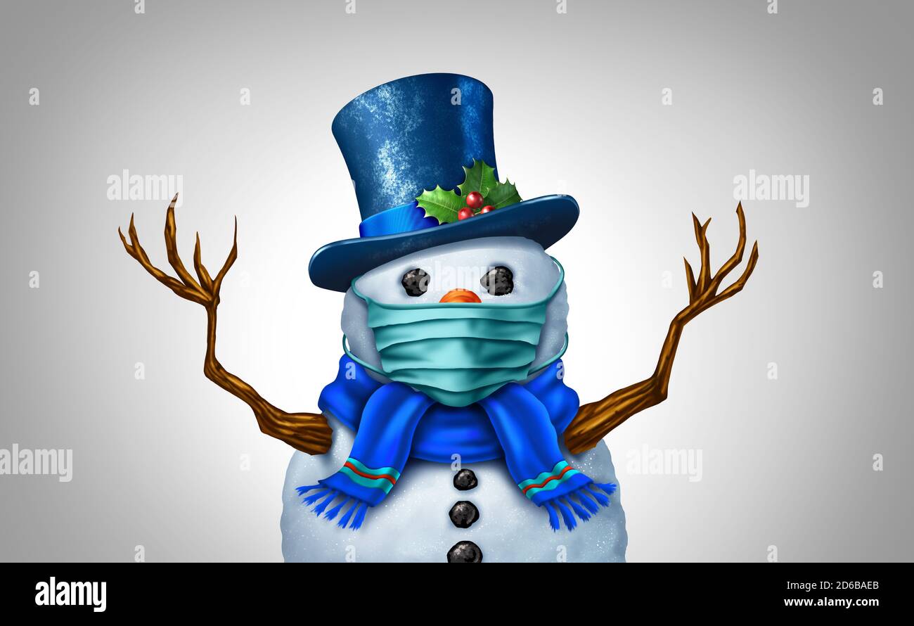 Snowman wearing a face mask concept as a winter snow man holiday season ...