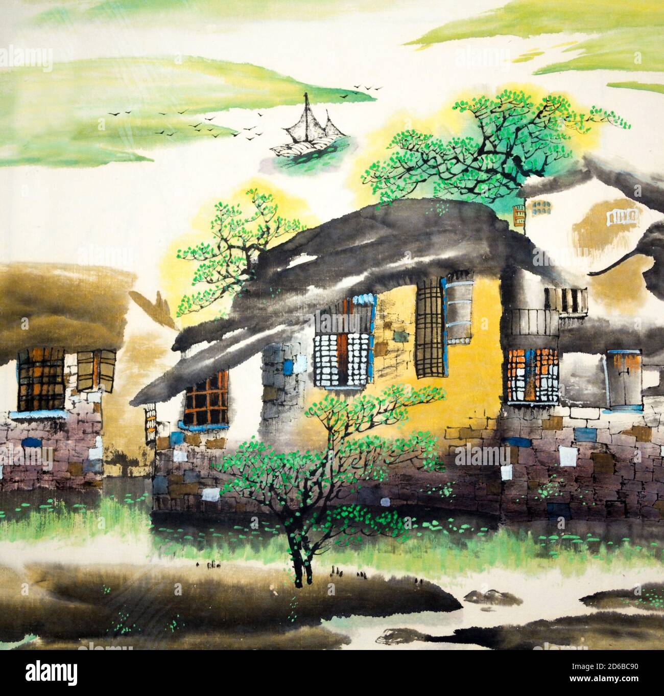 Chinese traditional painting of water house Stock Photo - Alamy