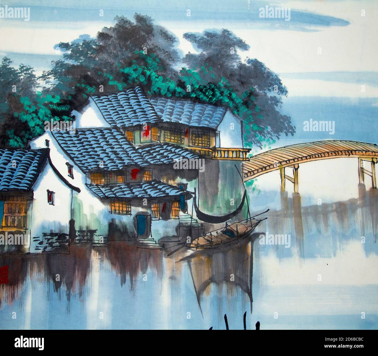 Chinese traditional painting of water house Stock Photo - Alamy