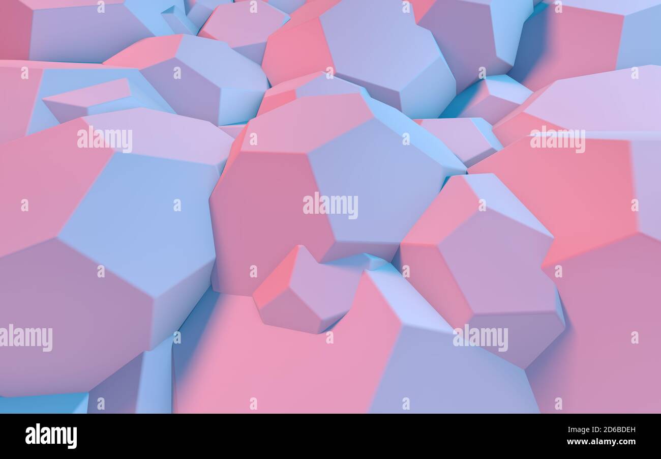 Abstract background with 3D shapes flying in pink and blue light as a ...