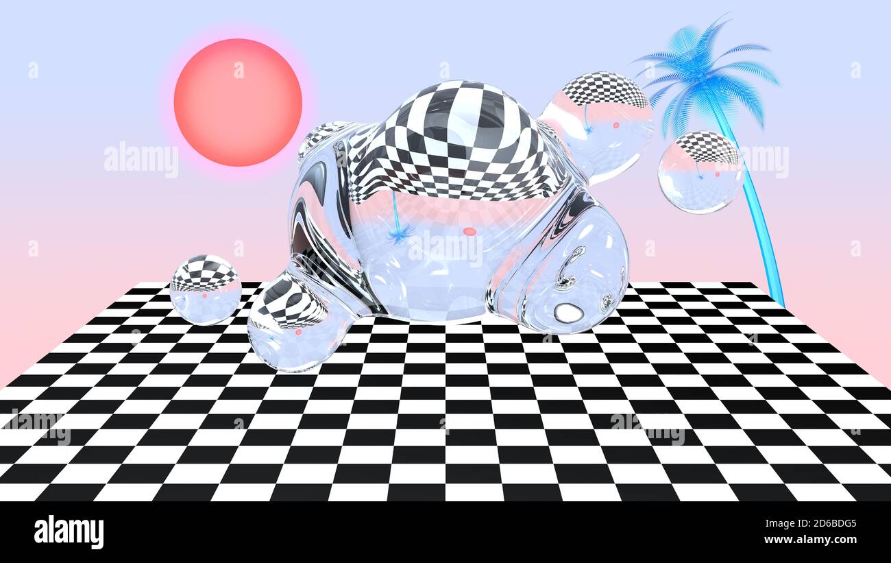 Vaporwave aesthetics landscape with checkered floor, water splash or ...