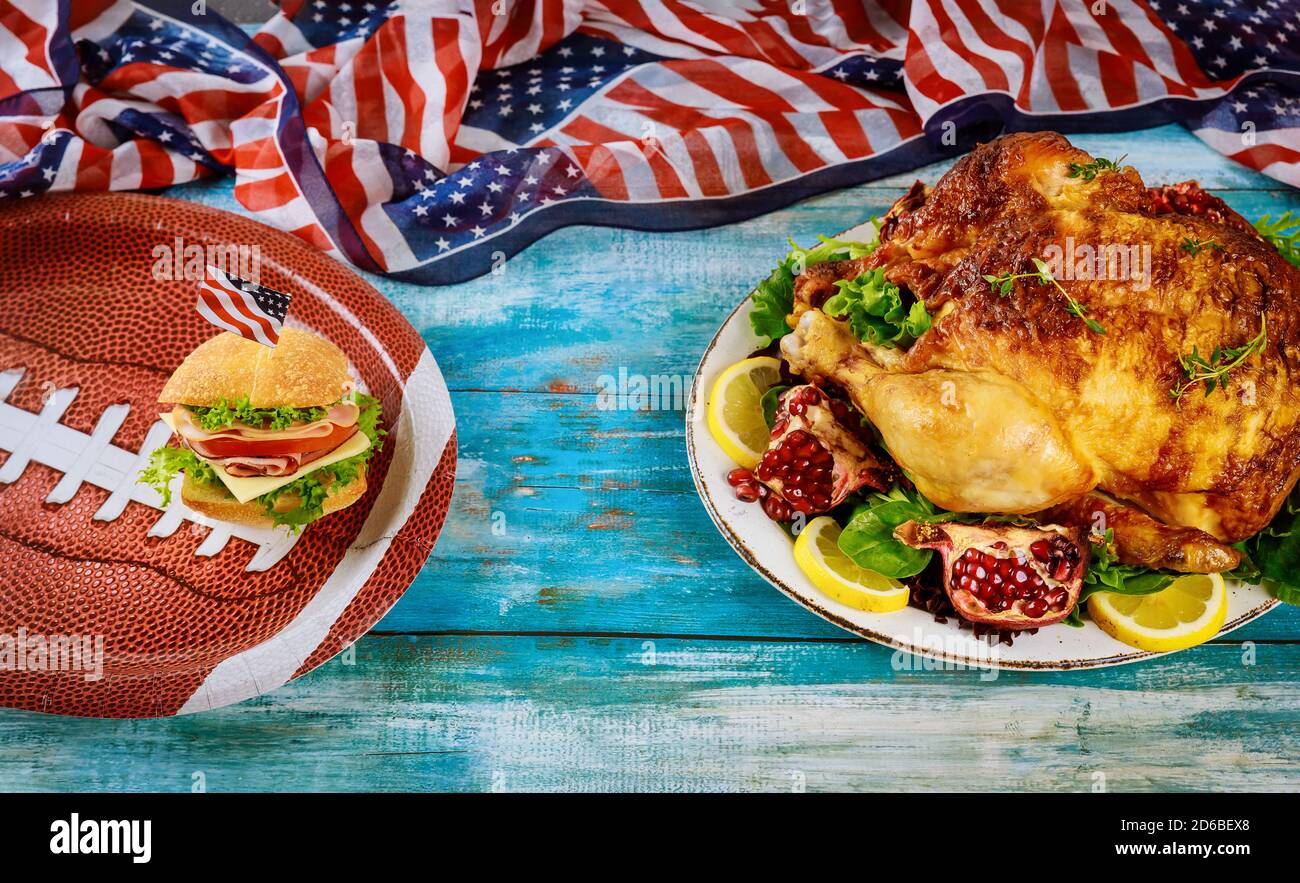 Whole roasted chicken and sandwich for fans of american football game ...