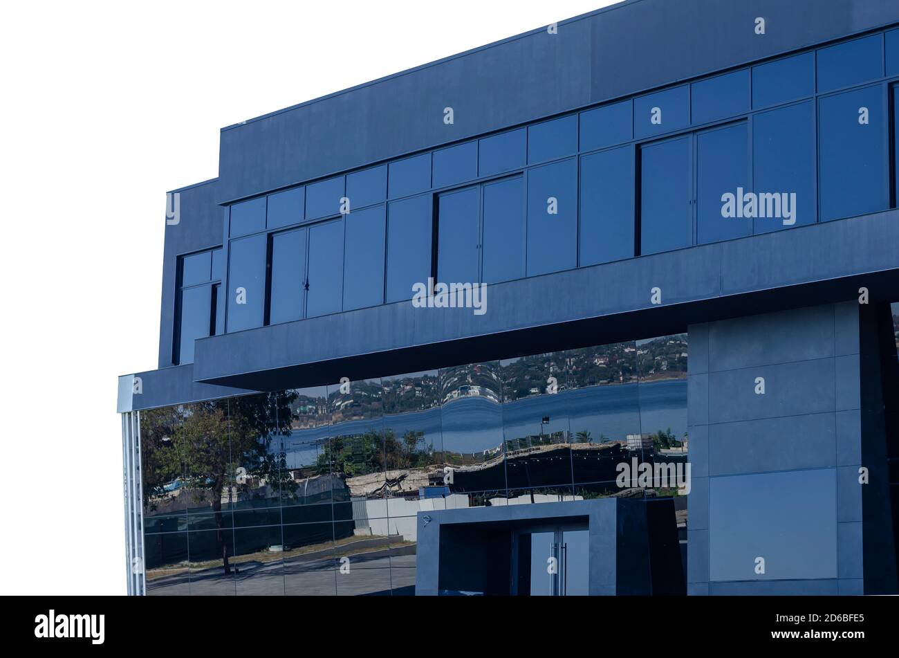 Futuristic modern building clad in black glass. Isolate on white ...