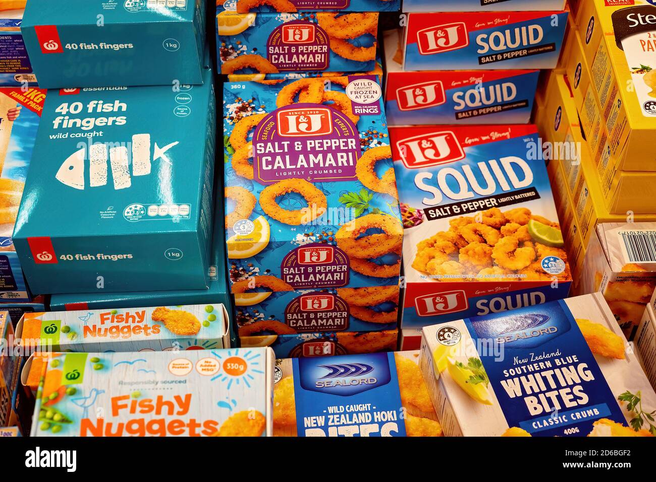 Walkerston, Queensland, Australia - February 2020: Frozen packaged fish ...